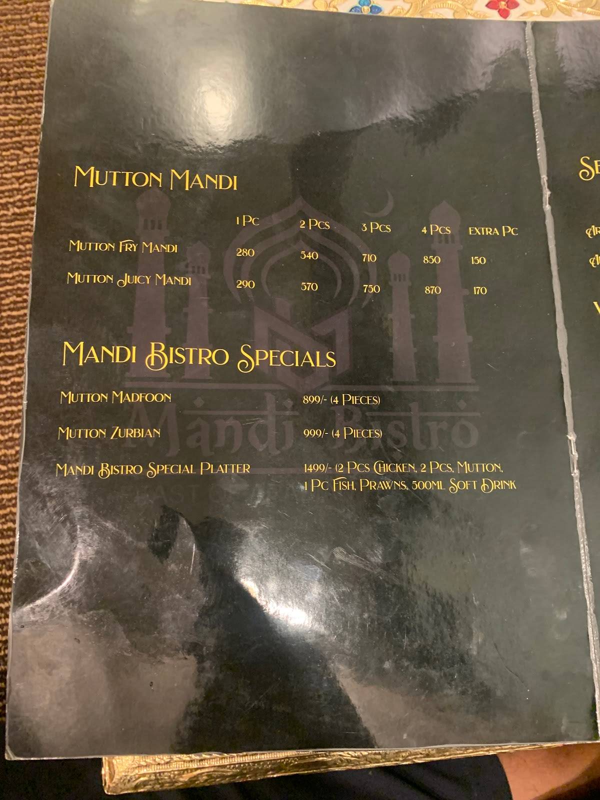 Menu at Mandi Bistro - Feast of Arabian Flavours, Hyderabad