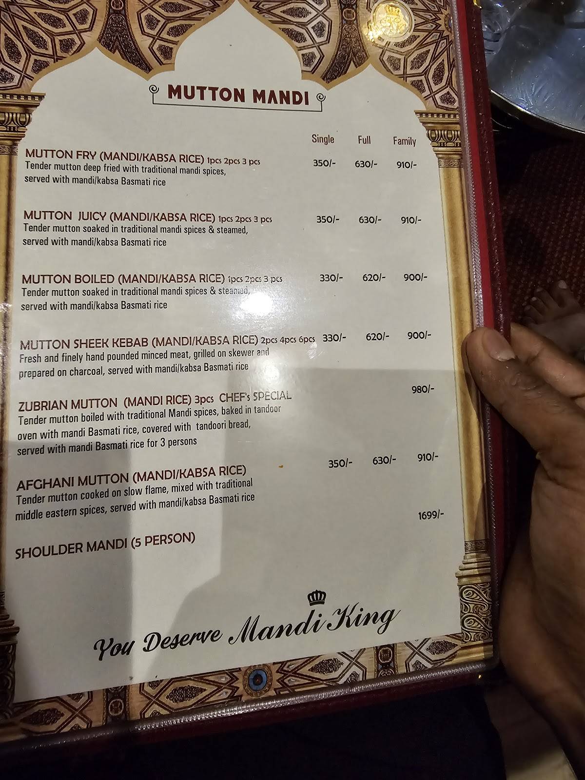 Menu at Mandi king Arabian Restaurant, Bidar