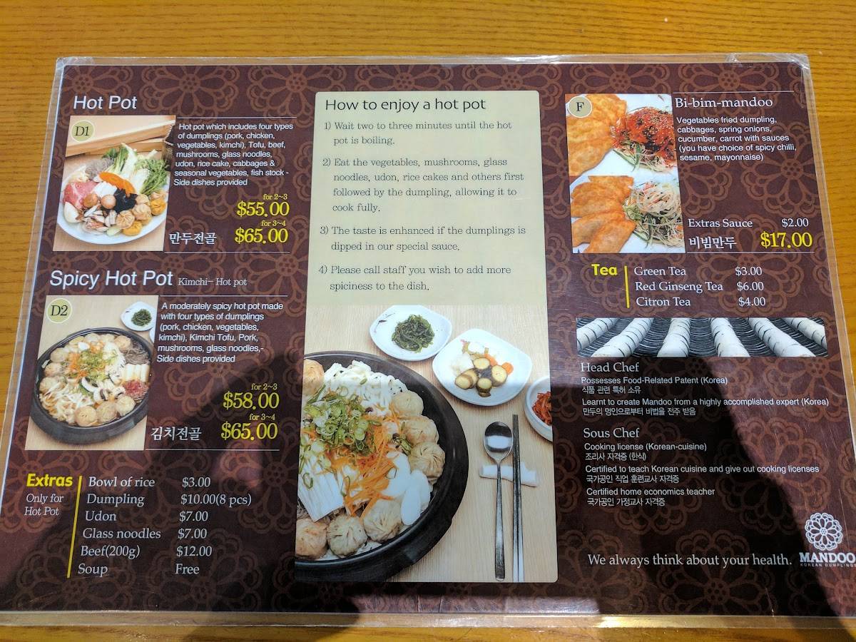 Menu at Mandoo restaurant, Adelaide
