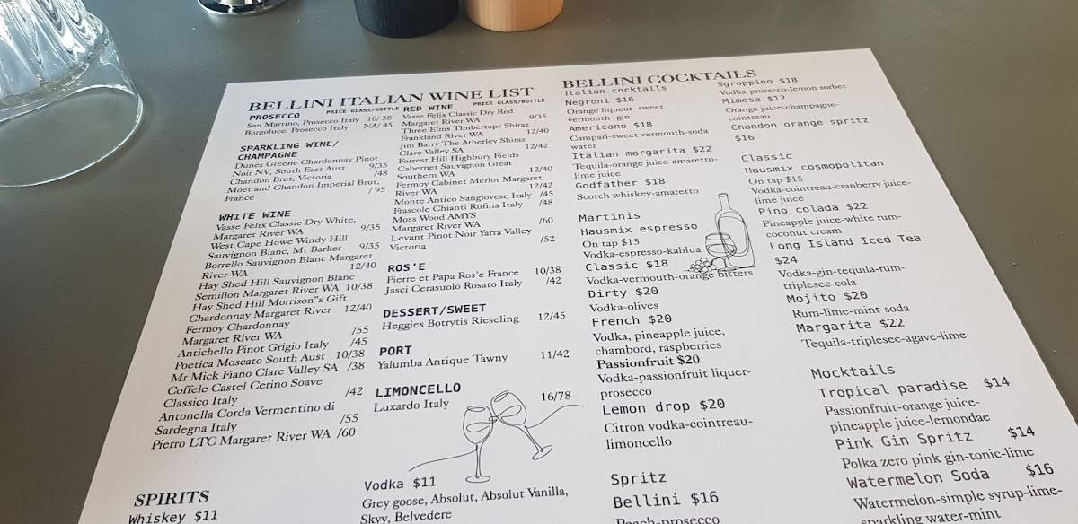 Menu at Bellini Italian restaurant, Mandurah