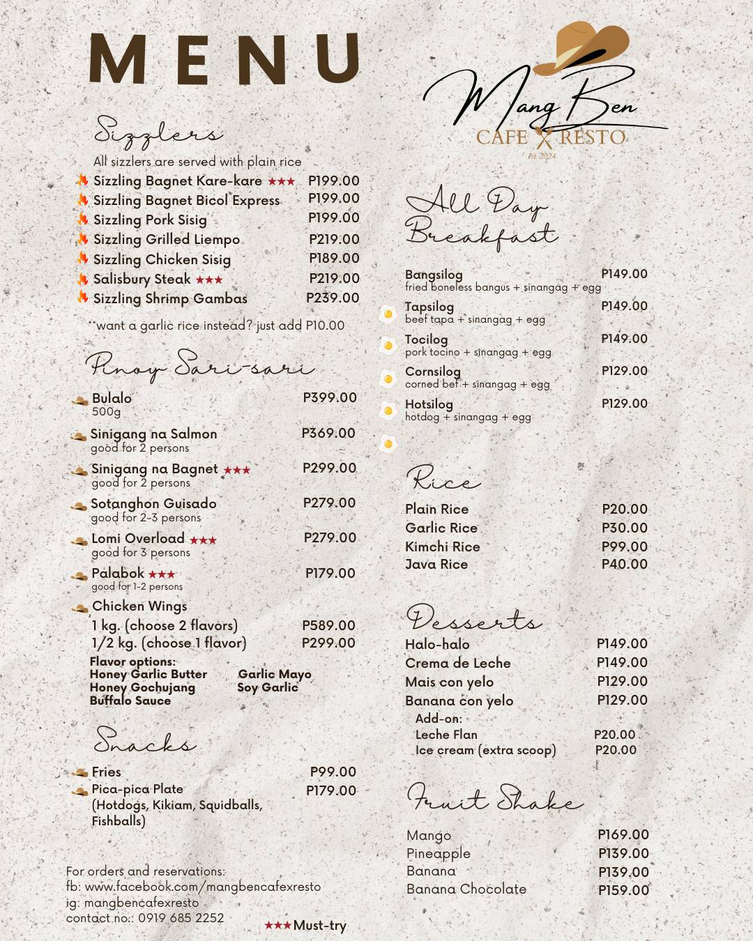 Menu at Mang Ben Cafe & Resto, El Nido