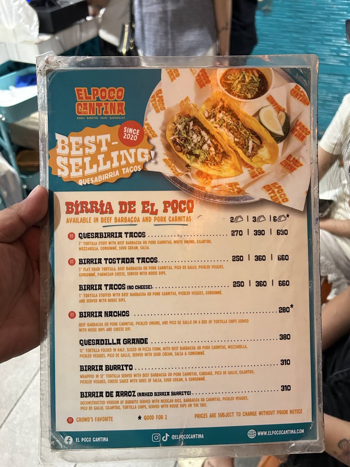 Menu at El Poco Cantina restaurant, Manila