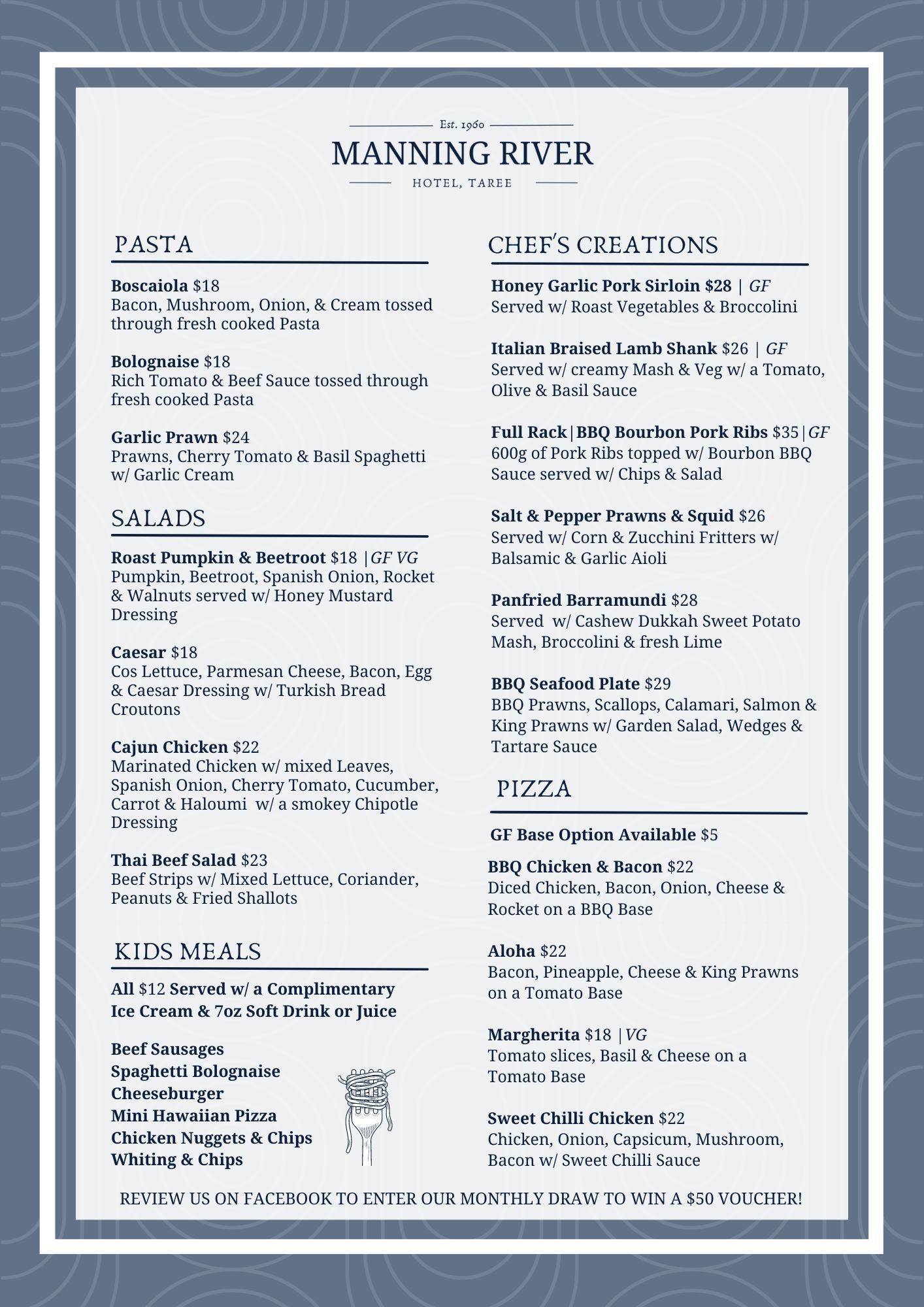 Menu at Manning River Hotel pub & bar, Taree