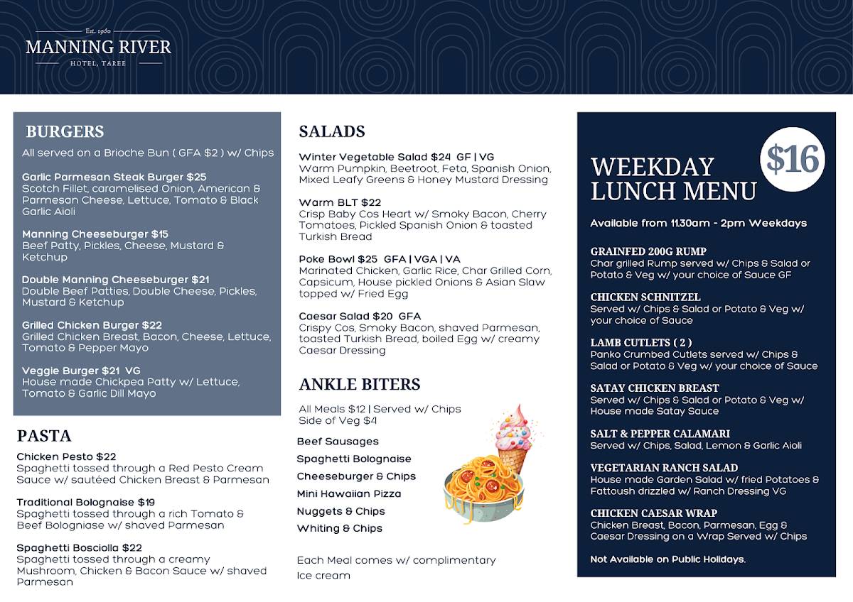 Menu at Manning River Hotel pub & bar, Taree