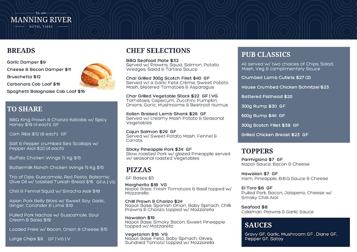 Menu at Manning River Hotel pub & bar, Taree