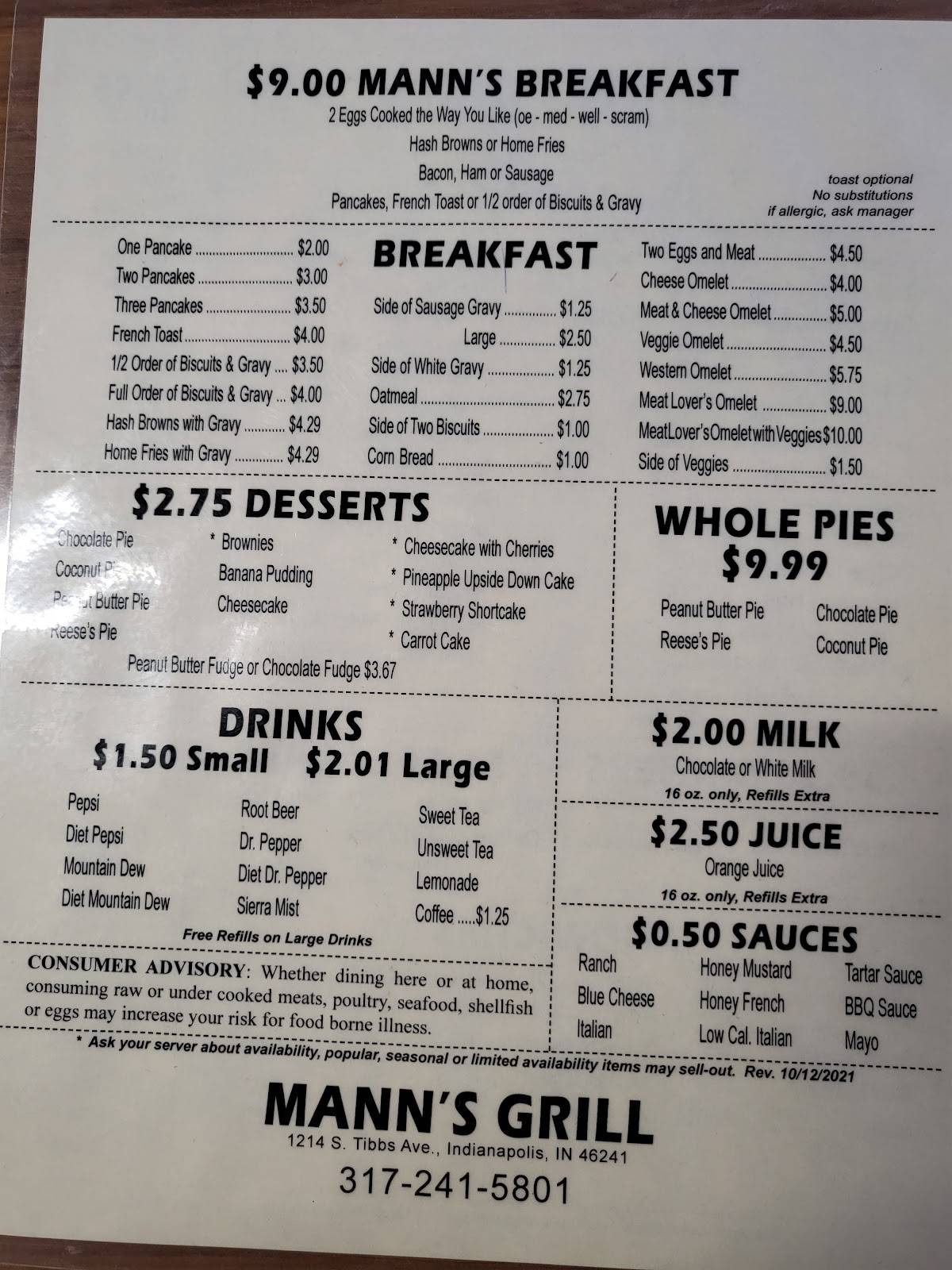 Menu at Mann's Grill restaurant, Indianapolis
