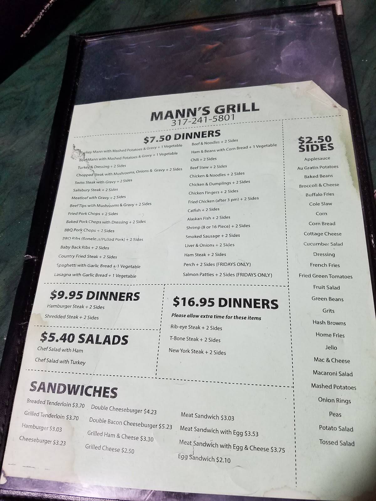 Menu at Mann's Grill restaurant, Indianapolis