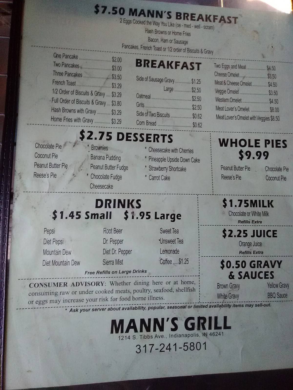 Menu at Mann's Grill restaurant, Indianapolis