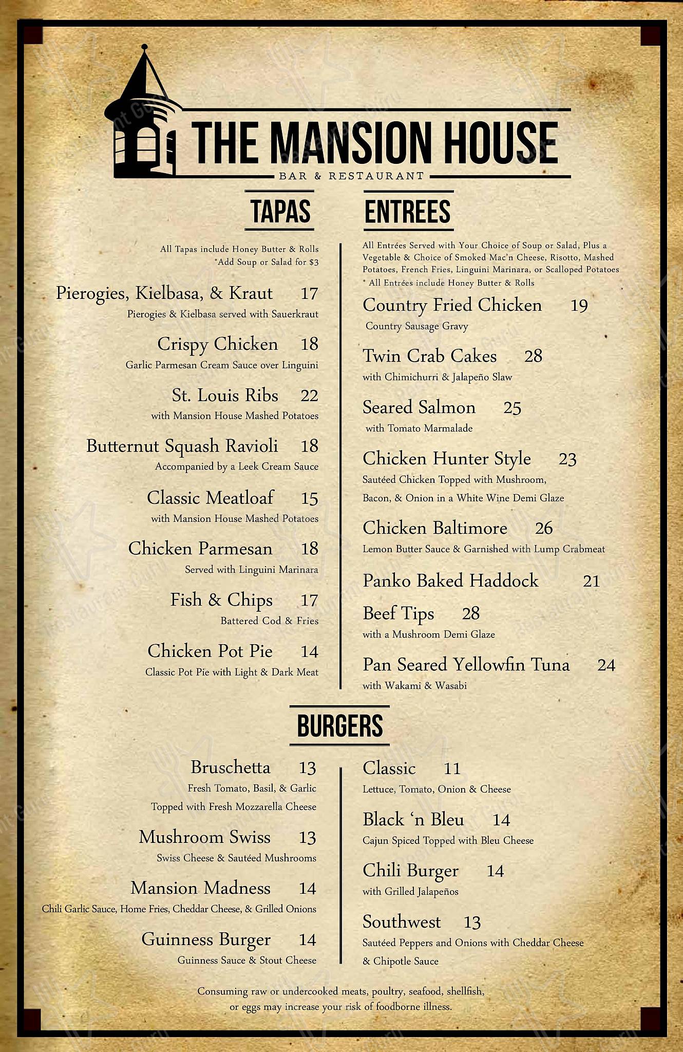 Menu at The Mansion House restaurant, Summit Hill