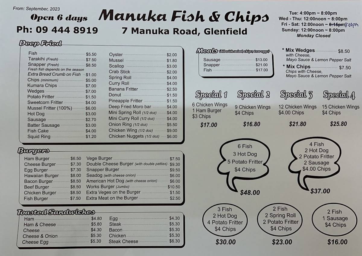 Menu at Manuka Fish & Chips fast food, Auckland