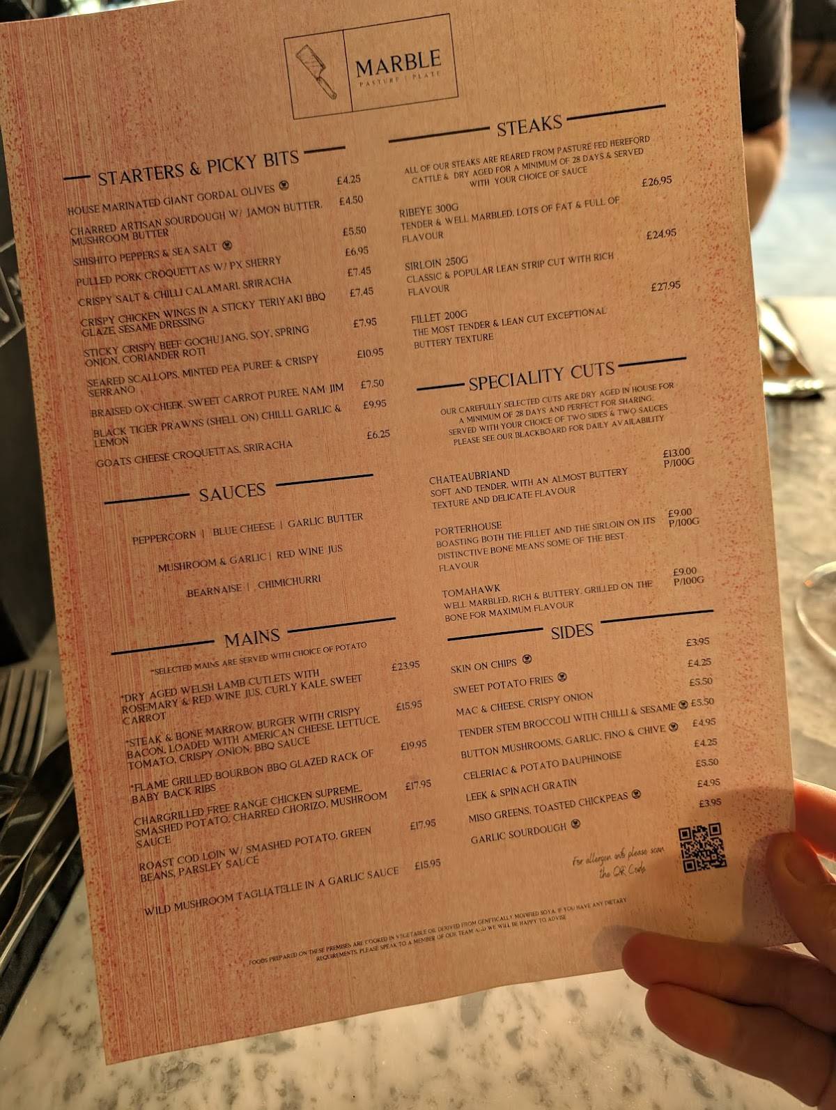 Menu at Marble Steakhouse, Bridgend