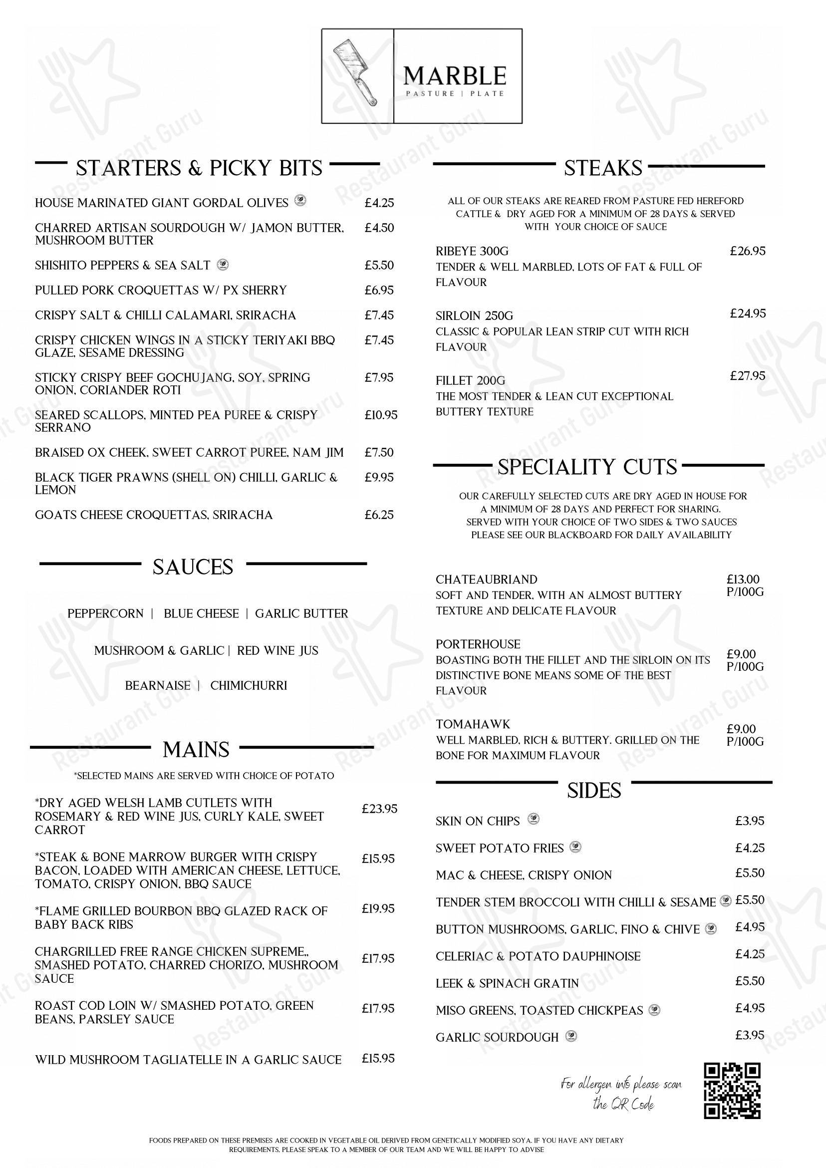 Menu at Marble Steakhouse, Bridgend