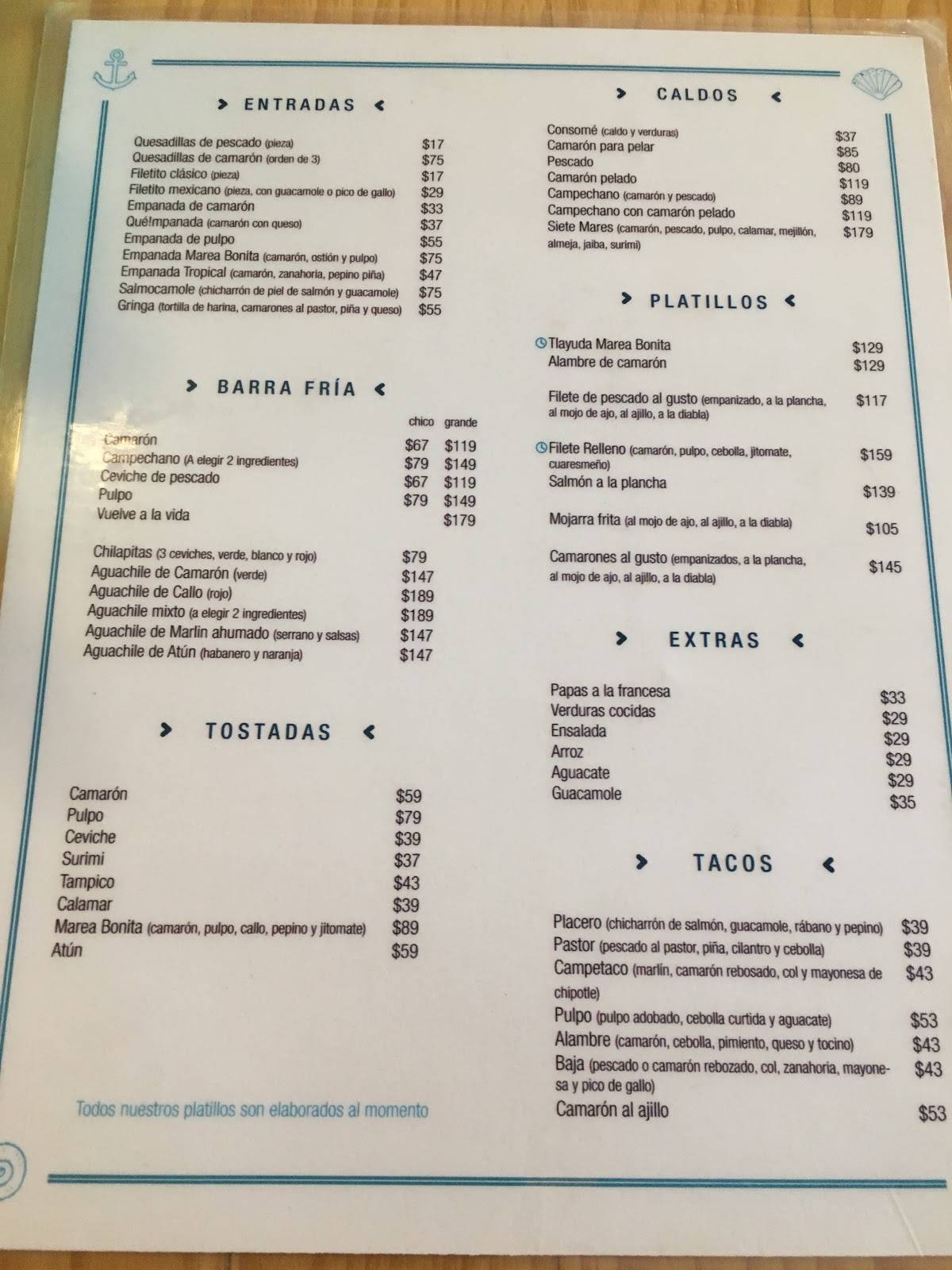 Carta del restaurante Marea Bonita, Ciudad López Mateos, Calle Mexicali 4