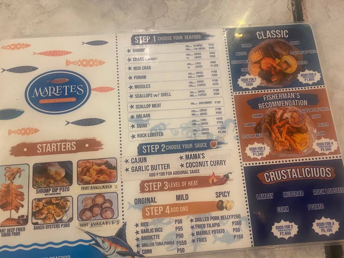 Menu at Maretes Cajun Seafood restaurant, Cebu City