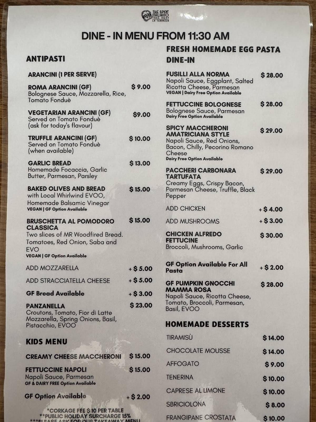 Menu at The Spot Italiano restaurant, Margaret River
