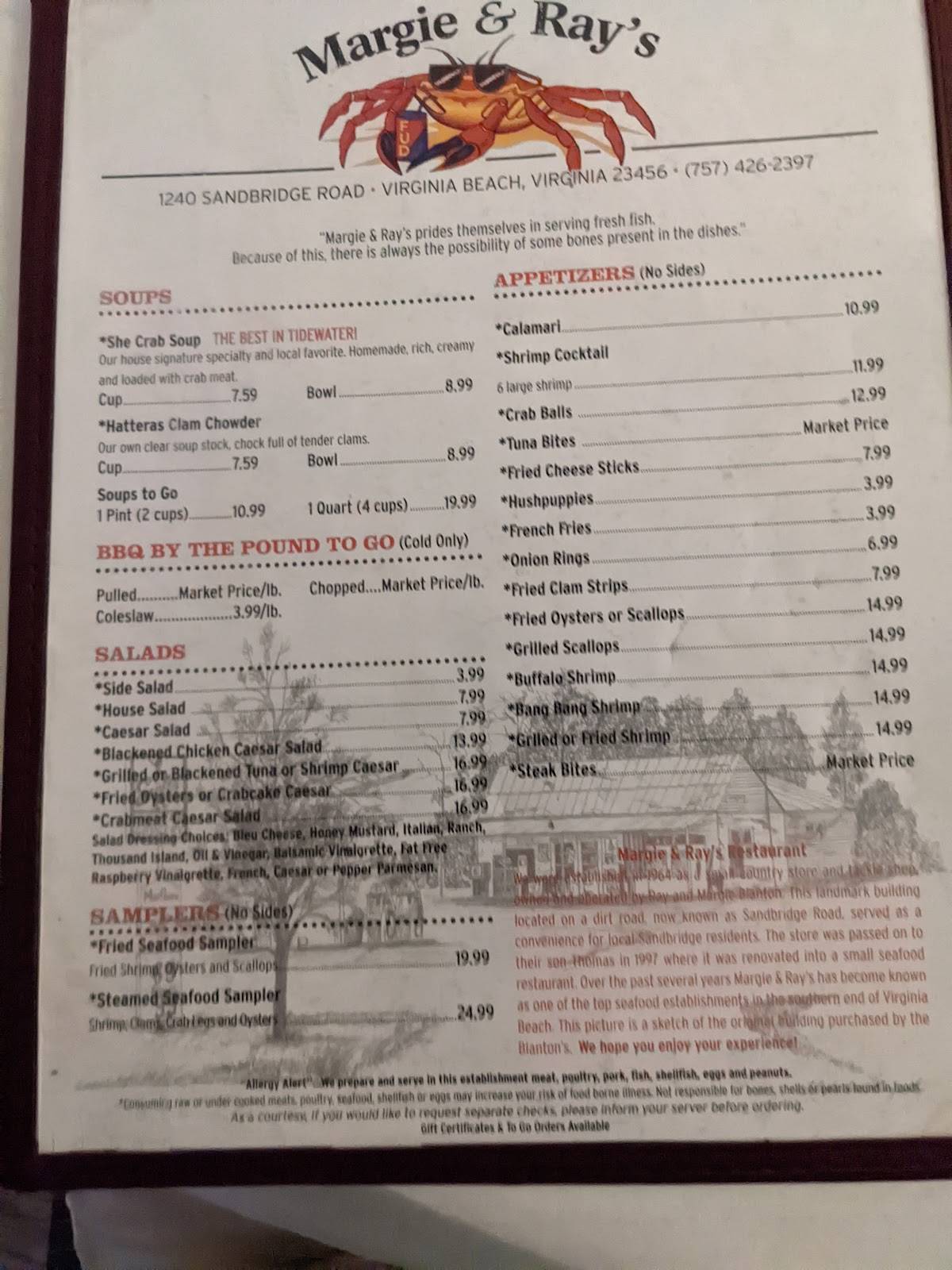 Menu at Margie & Ray's Crabhouse and Restaurant, Virginia Beach