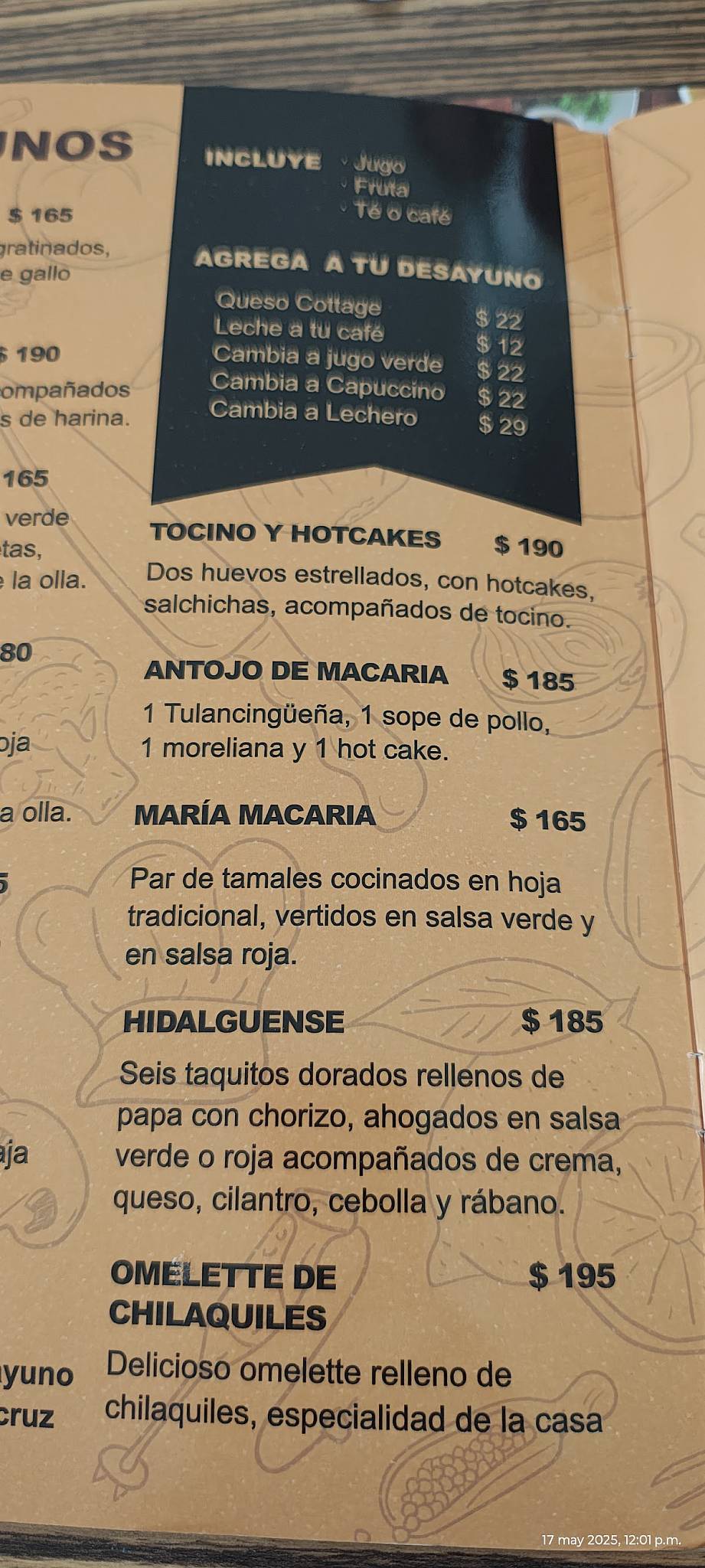 Carta del restaurante Maria Macaria, Pachuca del Soto