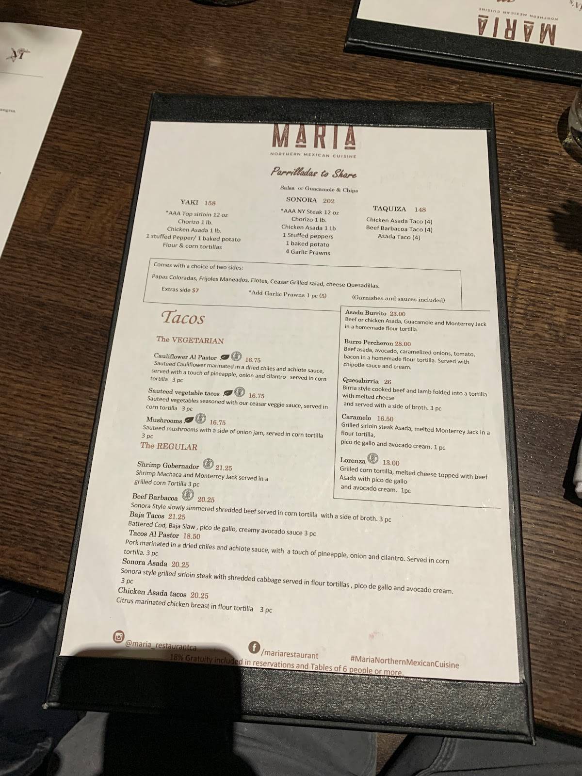 Menu at Maria Northern Mexican Cuisine restaurant, Edmonton