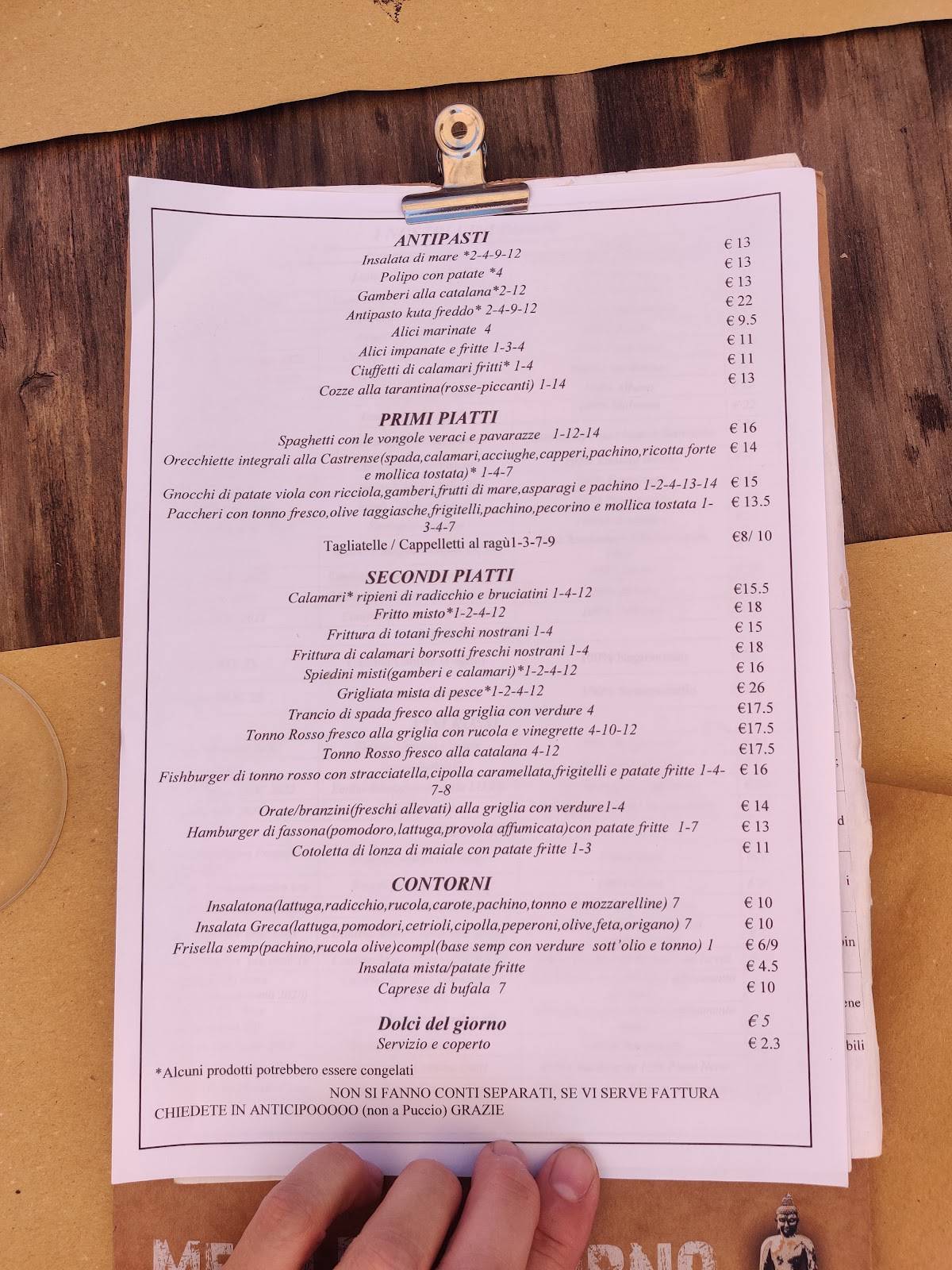 Menu da Bagno Kuta ristorante, Punta Marina