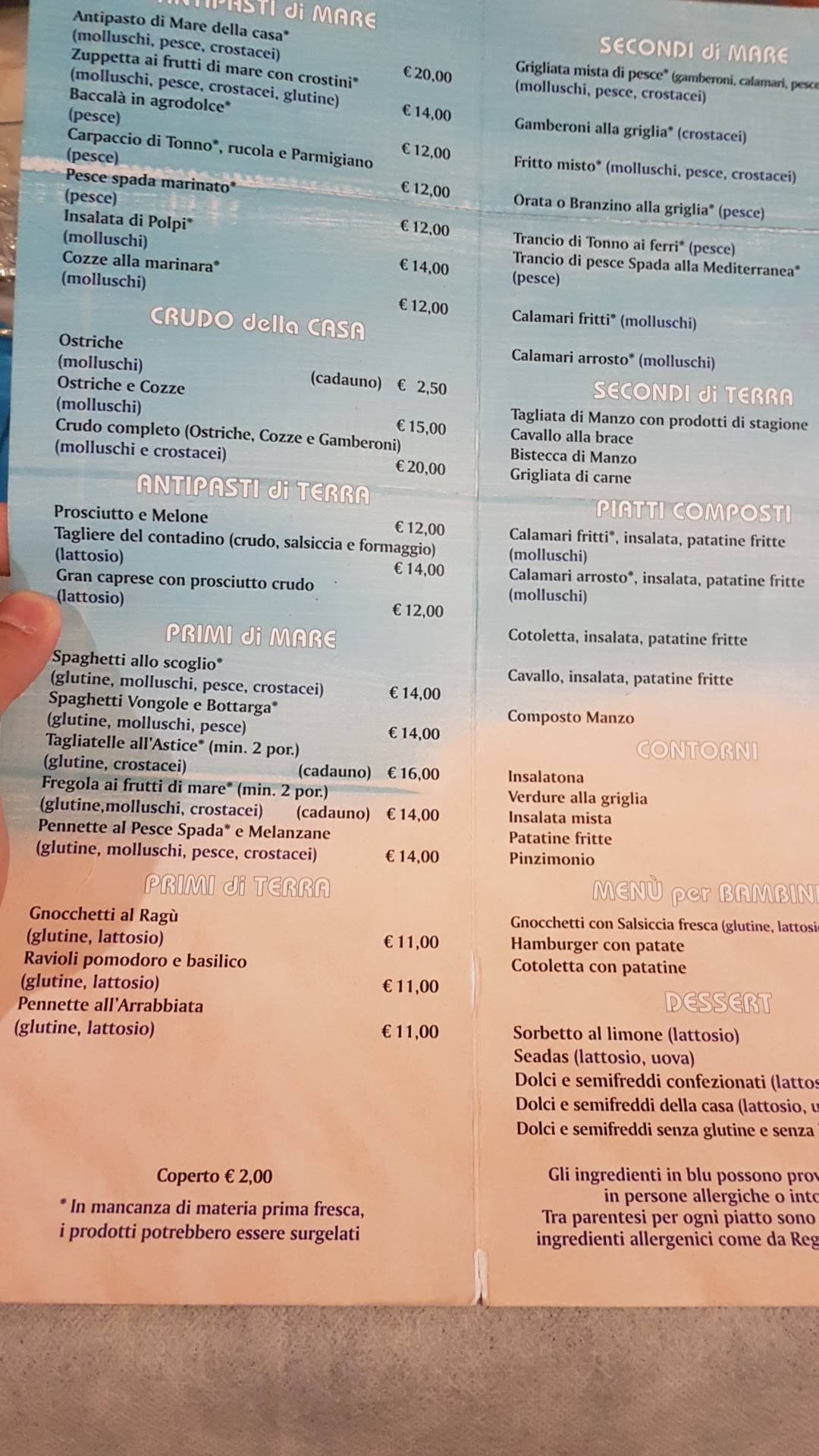 Menu da Al Primo Risto bar, Marina di Sorso