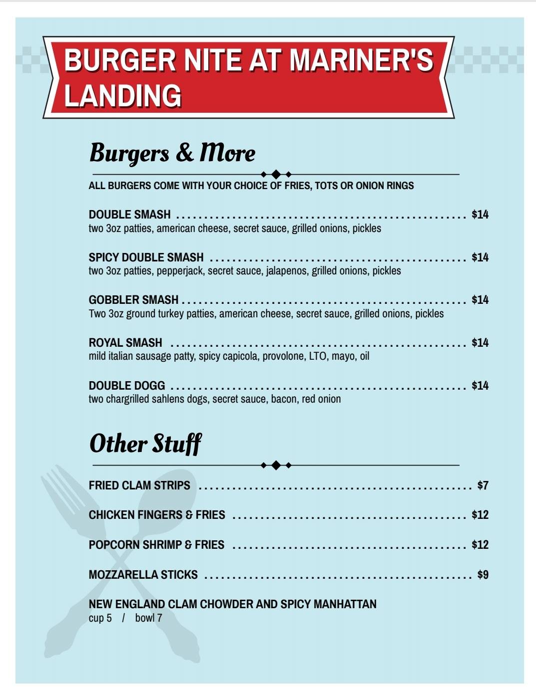 Menu at Mariner's Landing restaurant, Olcott