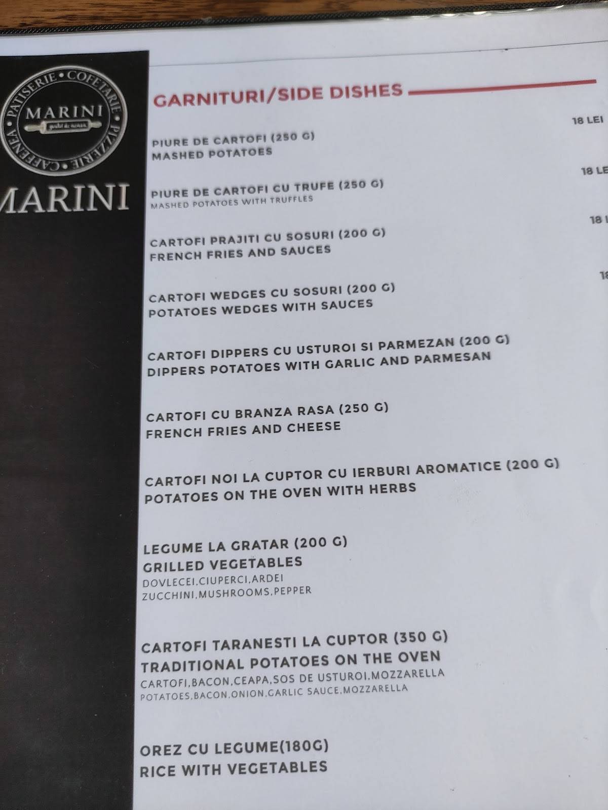 Menu at Marini, Slatina