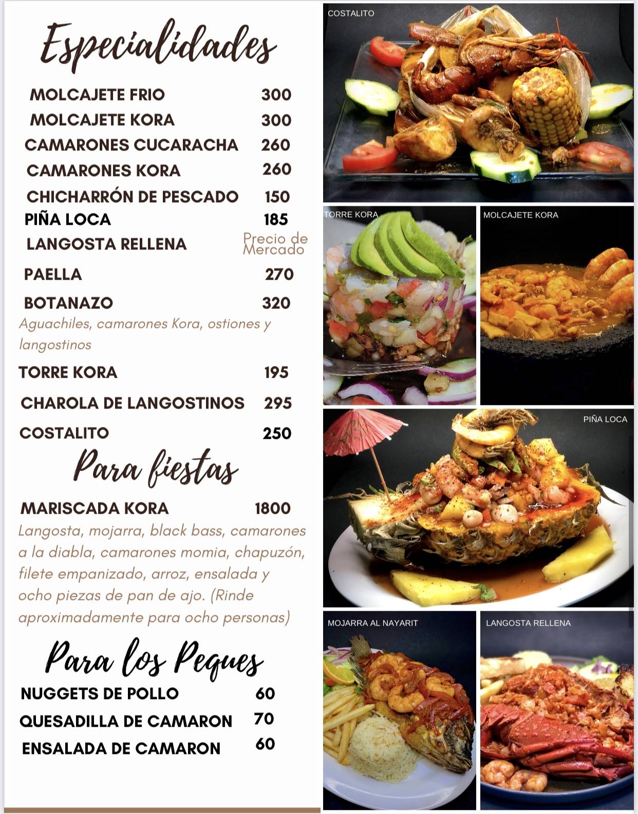 Carta del restaurante Mariscos El Kora, Delicias