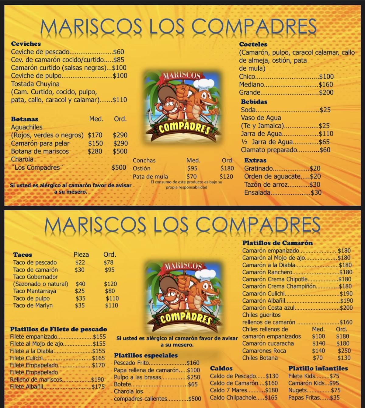 Carta del restaurante Mariscos Los Compadres, Mexicali, Av Pdte Gómez ...