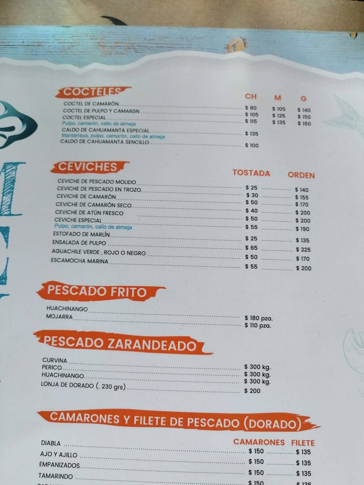 Carta del restaurante Mariscos Puerto escondido, Guadalajara