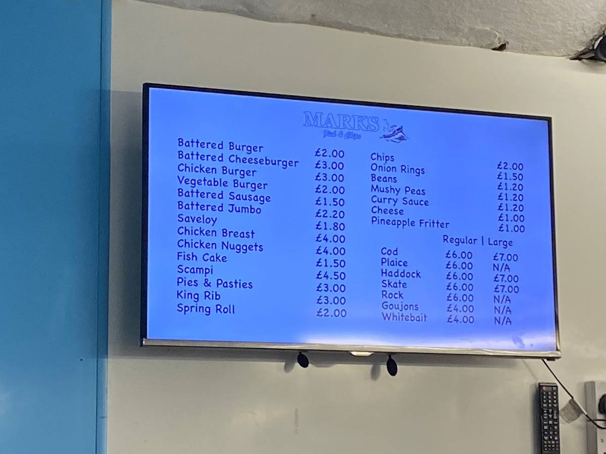 Menu at Marks Fish Shop fast food, Southwold