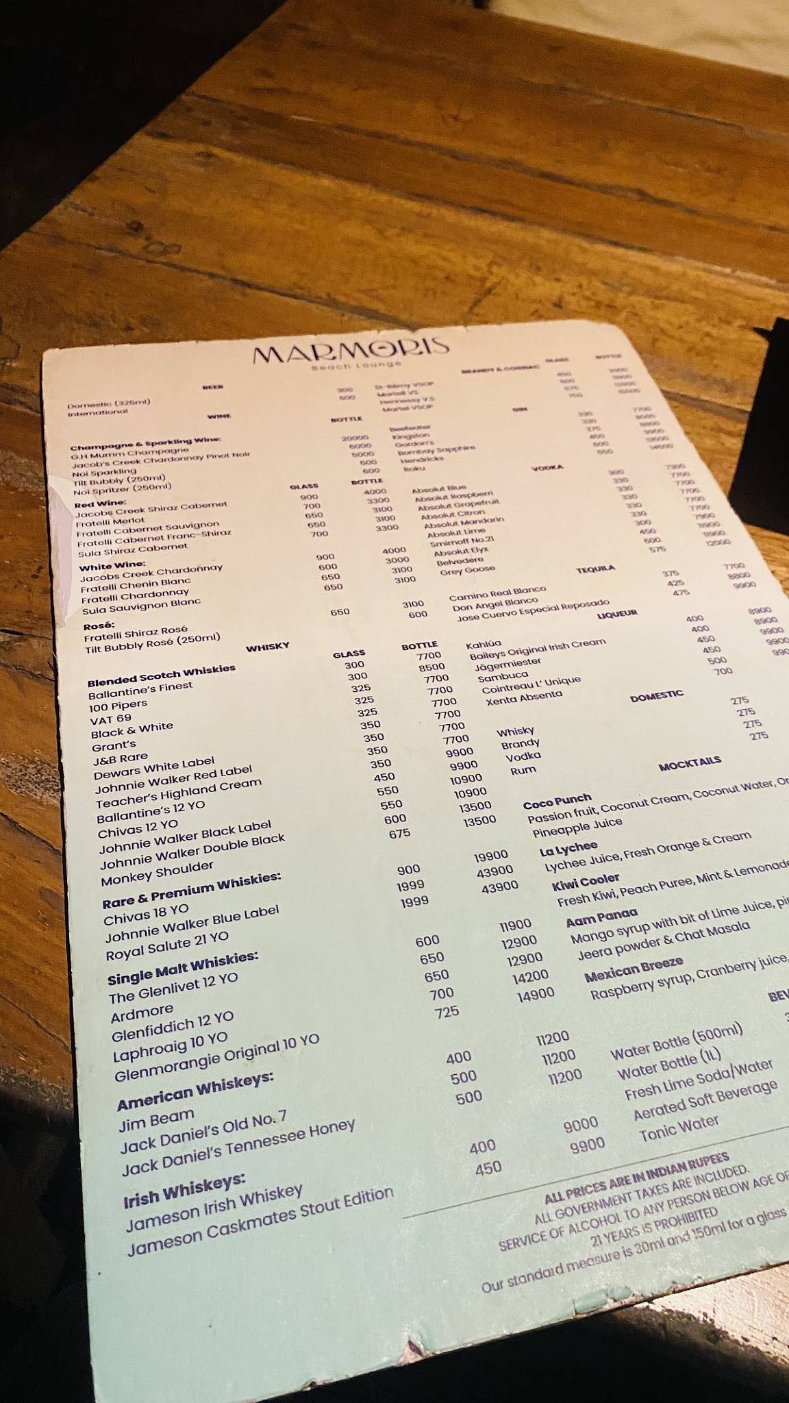 Menu at Marmoris Beach Lounge, Mahabalipuram