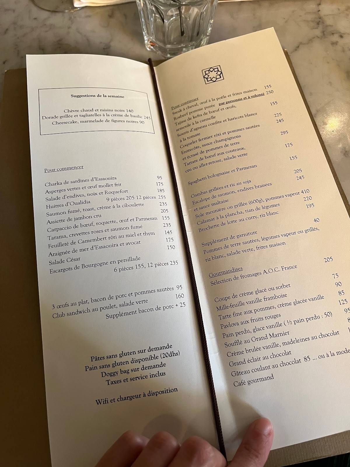 Menu au Grand Café de la Poste, Marrakech