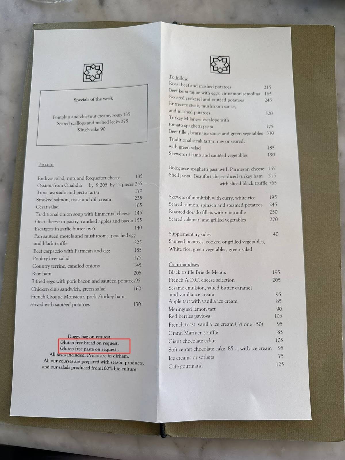 Menu at Grand Café de la Poste restaurant, Marrakesh
