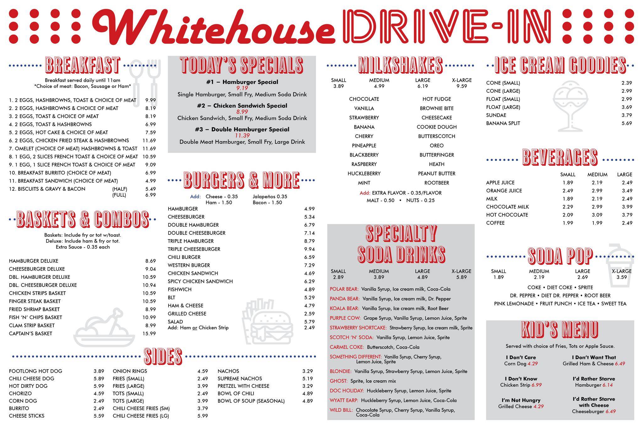 Menu at Whitehouse Drive-In restaurant, Marsing