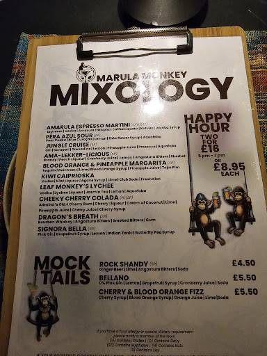 Menu at Marula Monkey restaurant, Lancaster
