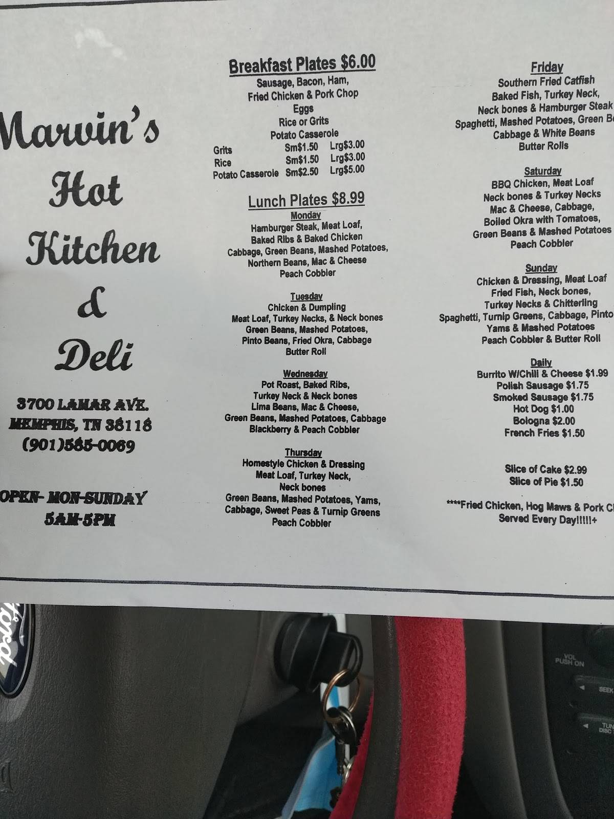 Menu at Marvin's Hot Kitchen & Deli restaurant, Memphis, Lamar Ave