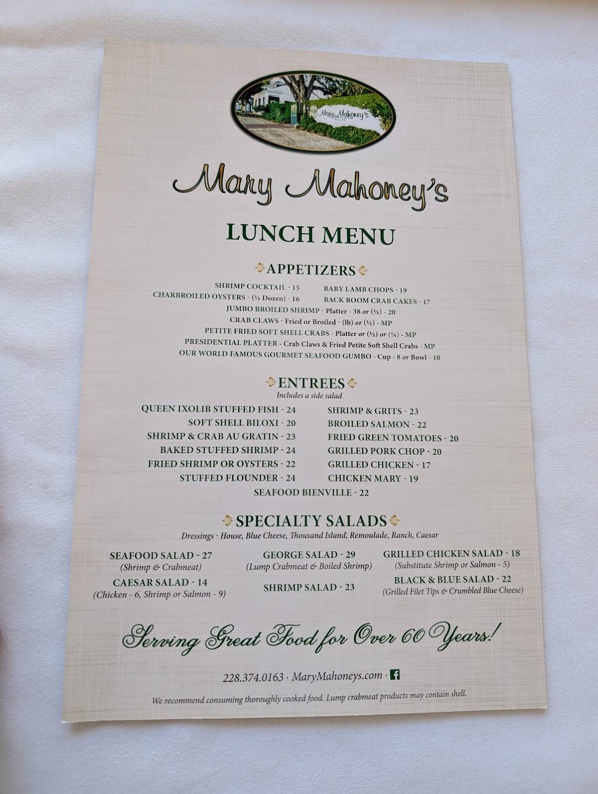 Menu at Mary Mahoney's Old French House steakhouse, Biloxi