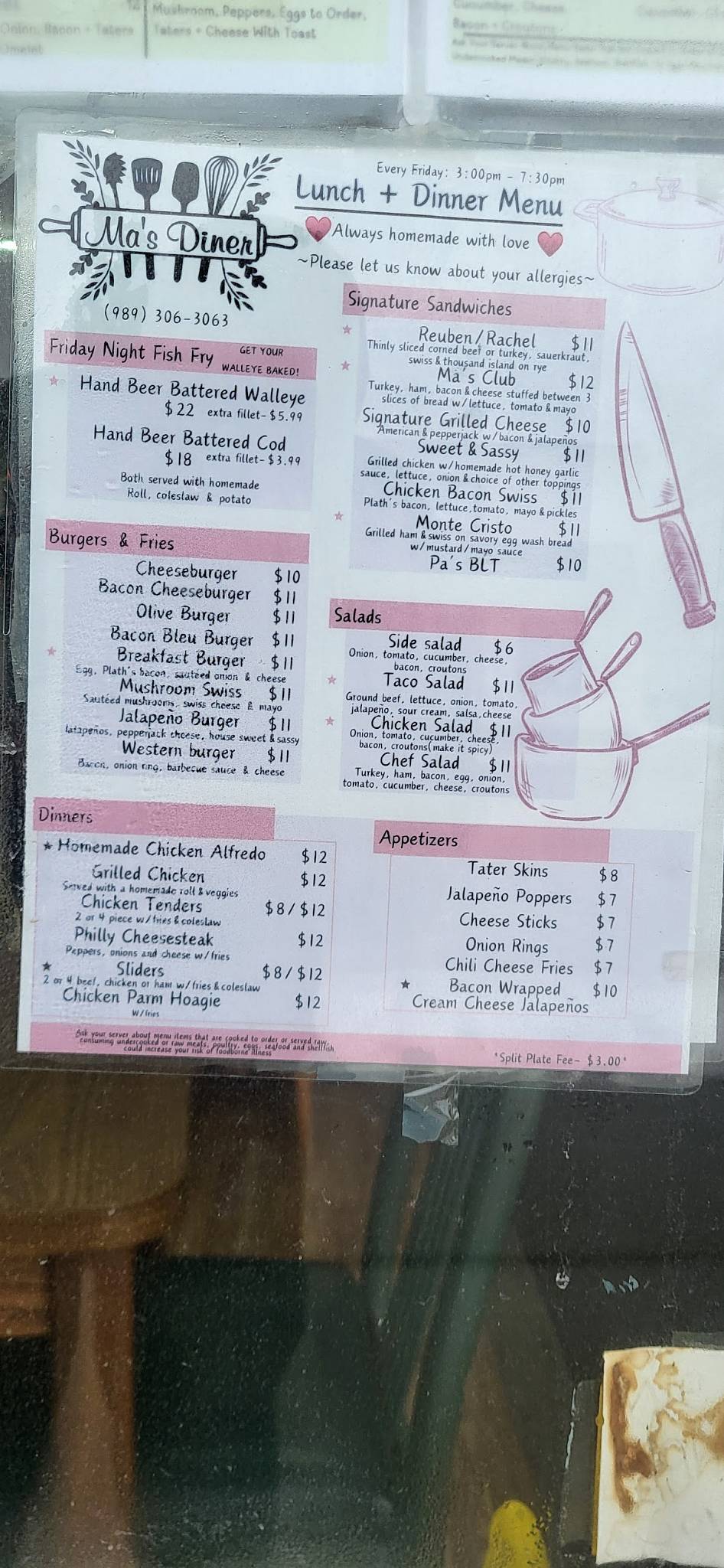 Menu at Ma’s Diner restaurant, Onaway