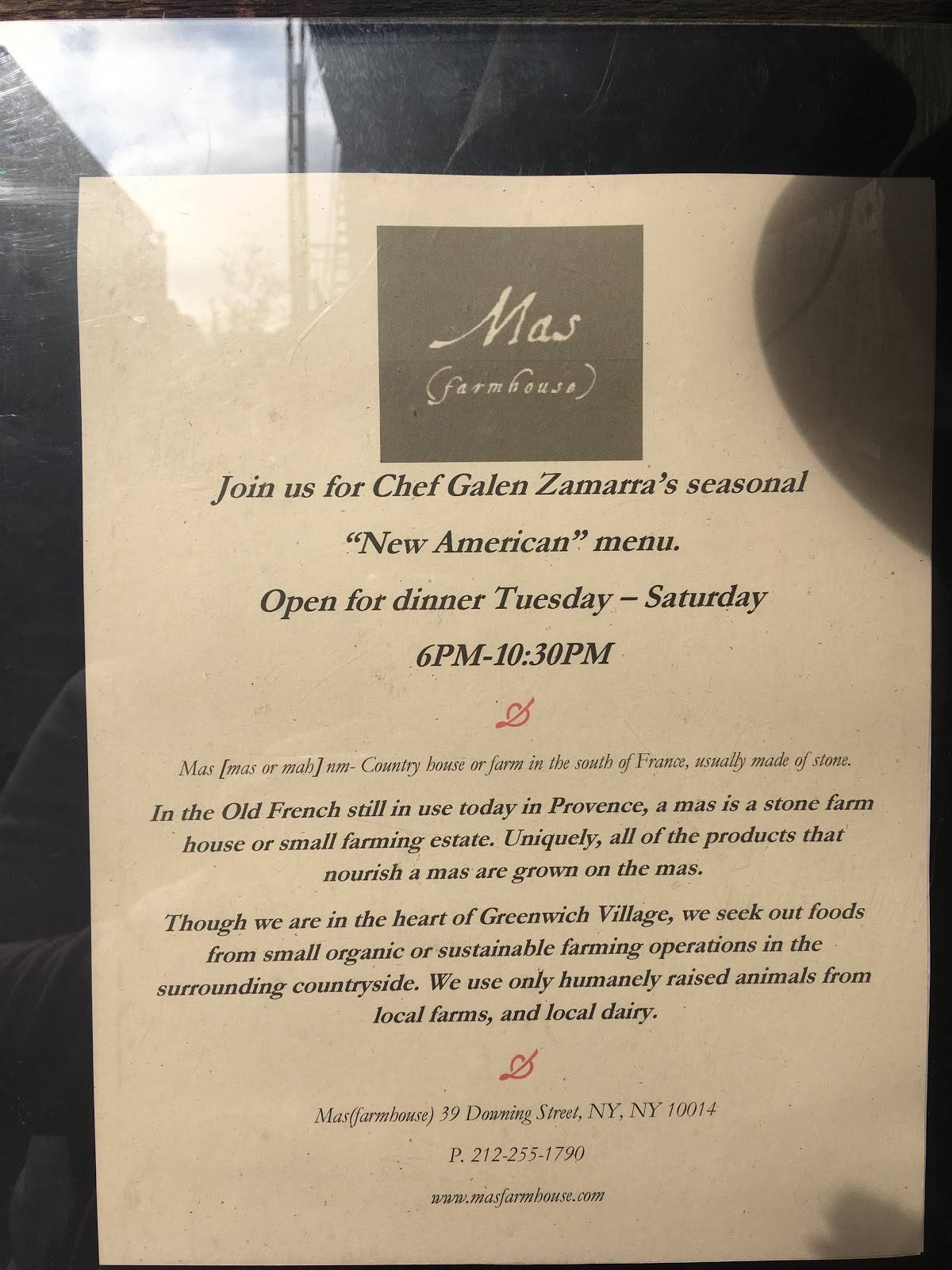Menu at Mas Farmhouse restaurant, New York City