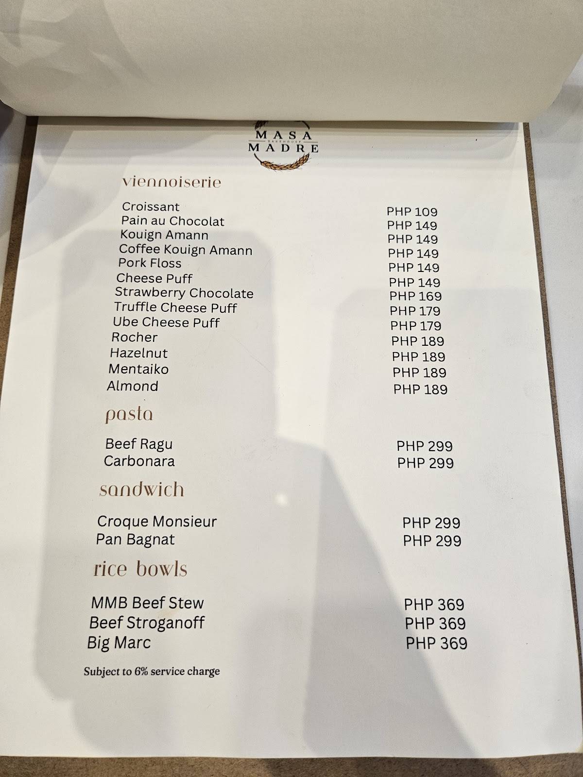 Menu at Masa Madre Bakehouse, Quezon City