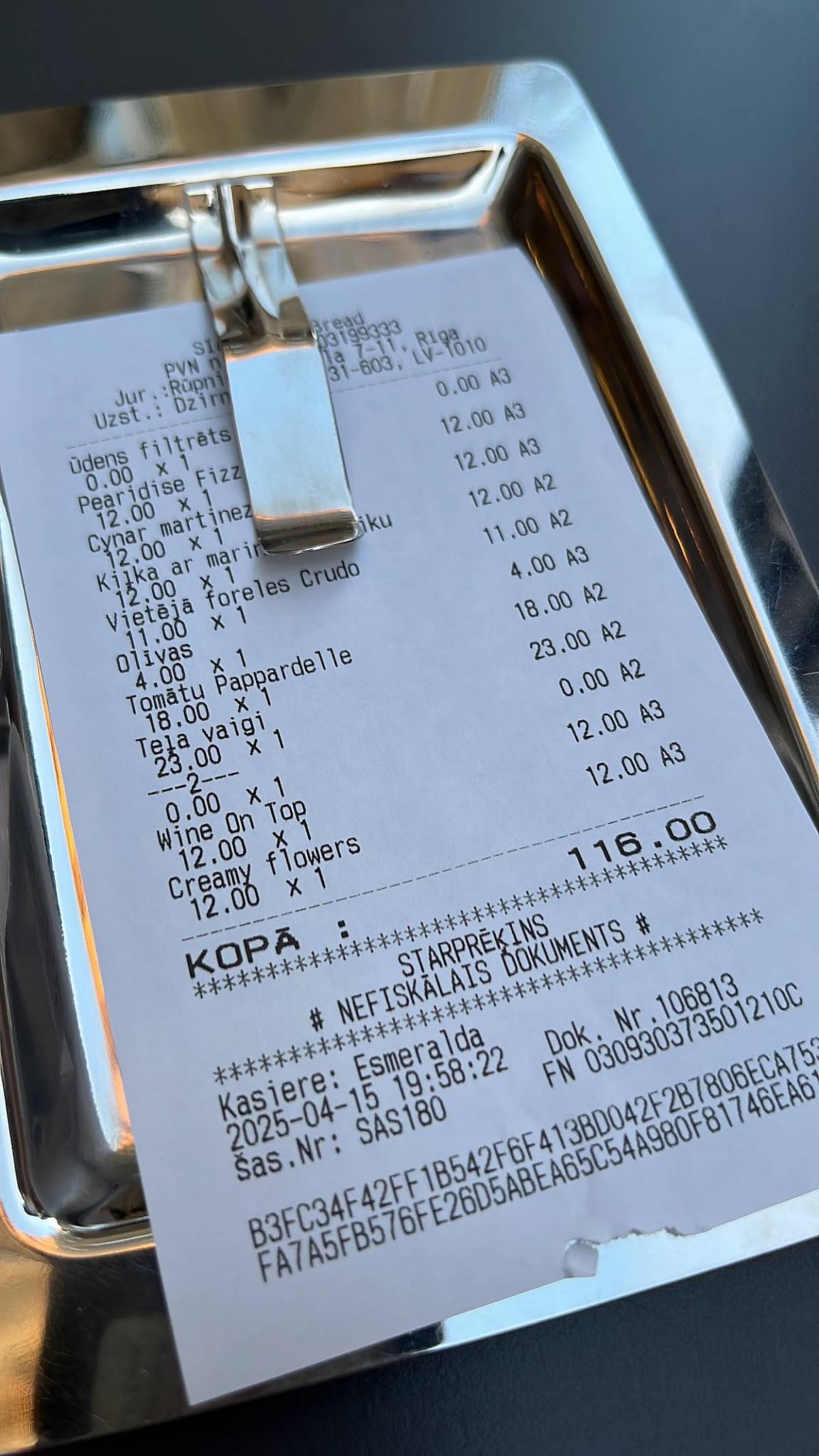 Menu at Māsa restaurant, Riga