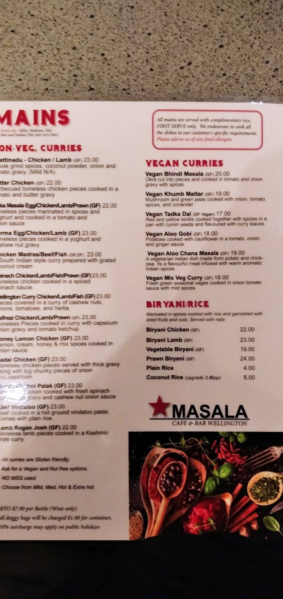 Menu at Masala Cafe & Bar, Wellington