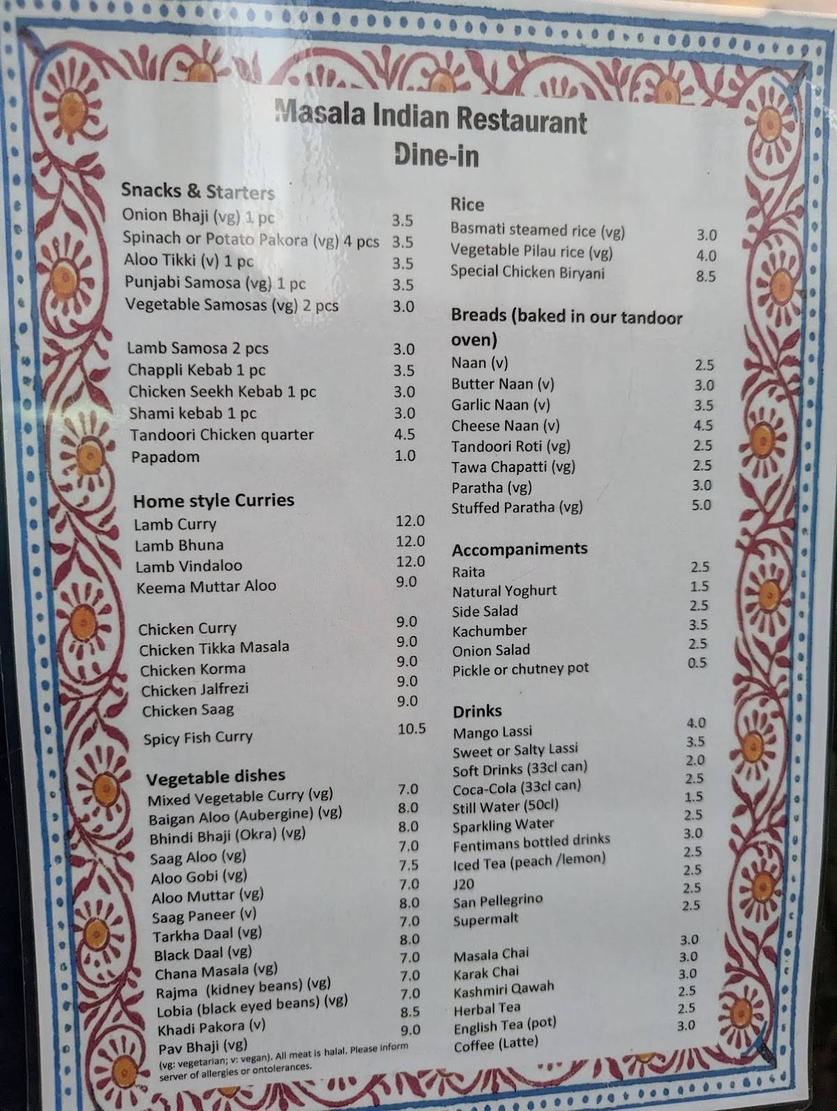 Menu at Masala restaurant, London, 4a Hogarth Rd