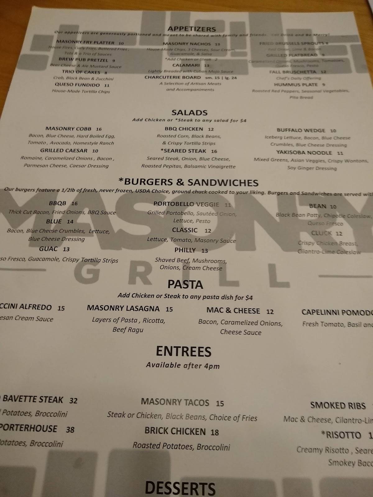 Menu at Masonry Grill pizzeria, Salem