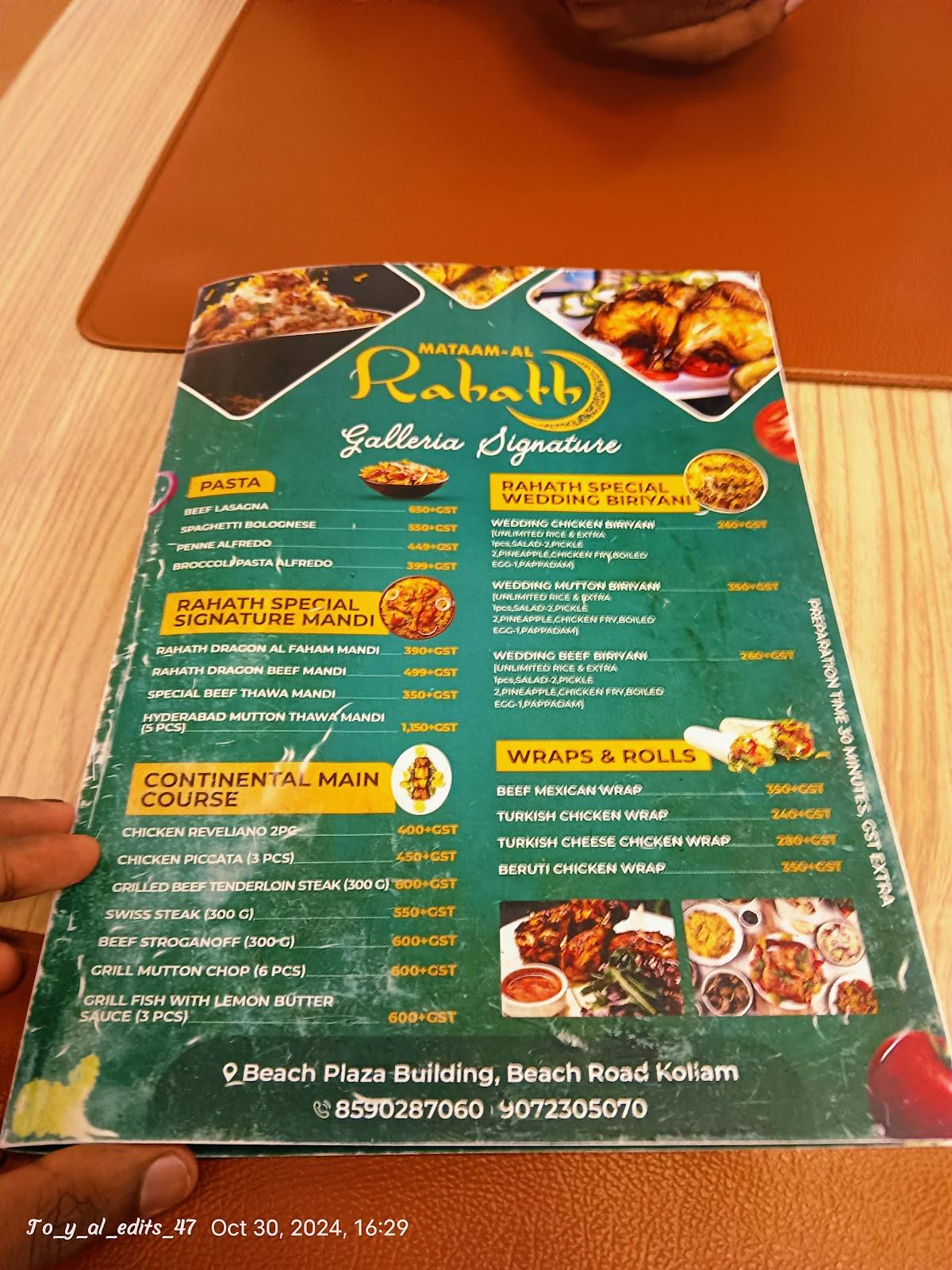 Menu at Mataam-Al Rahath, Kollam