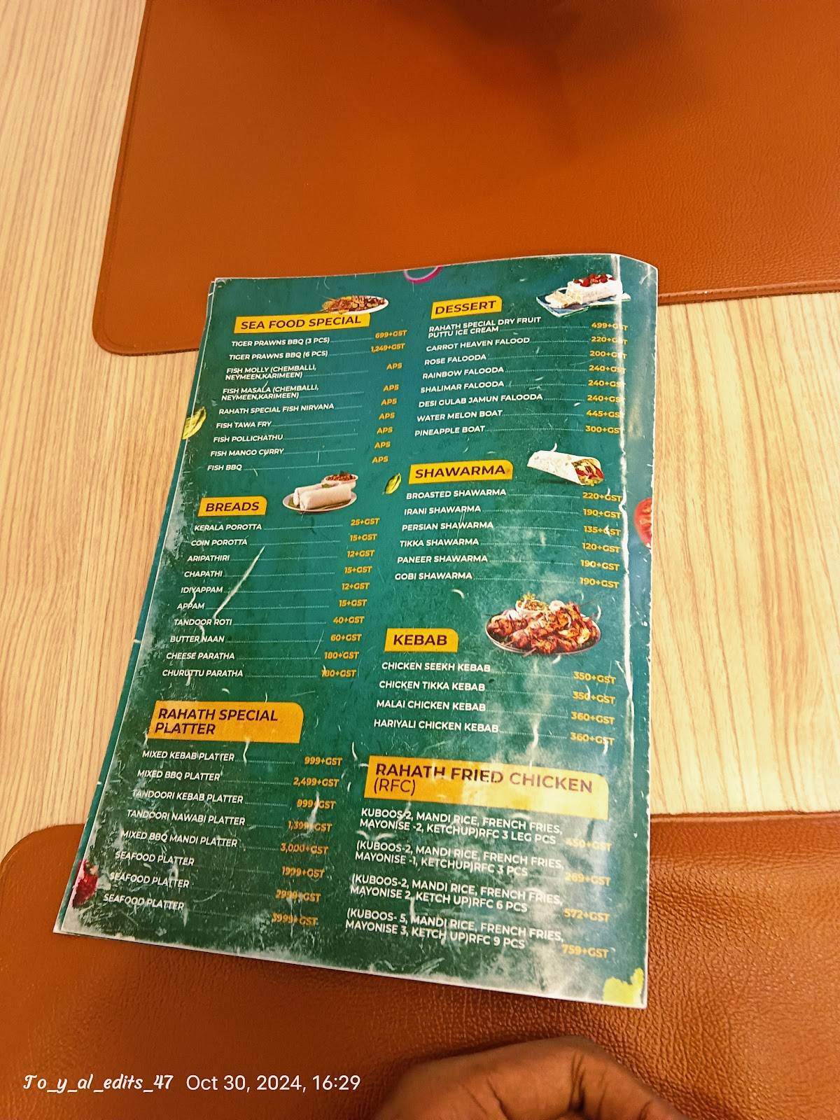 Menu at Mataam-Al Rahath, Kollam