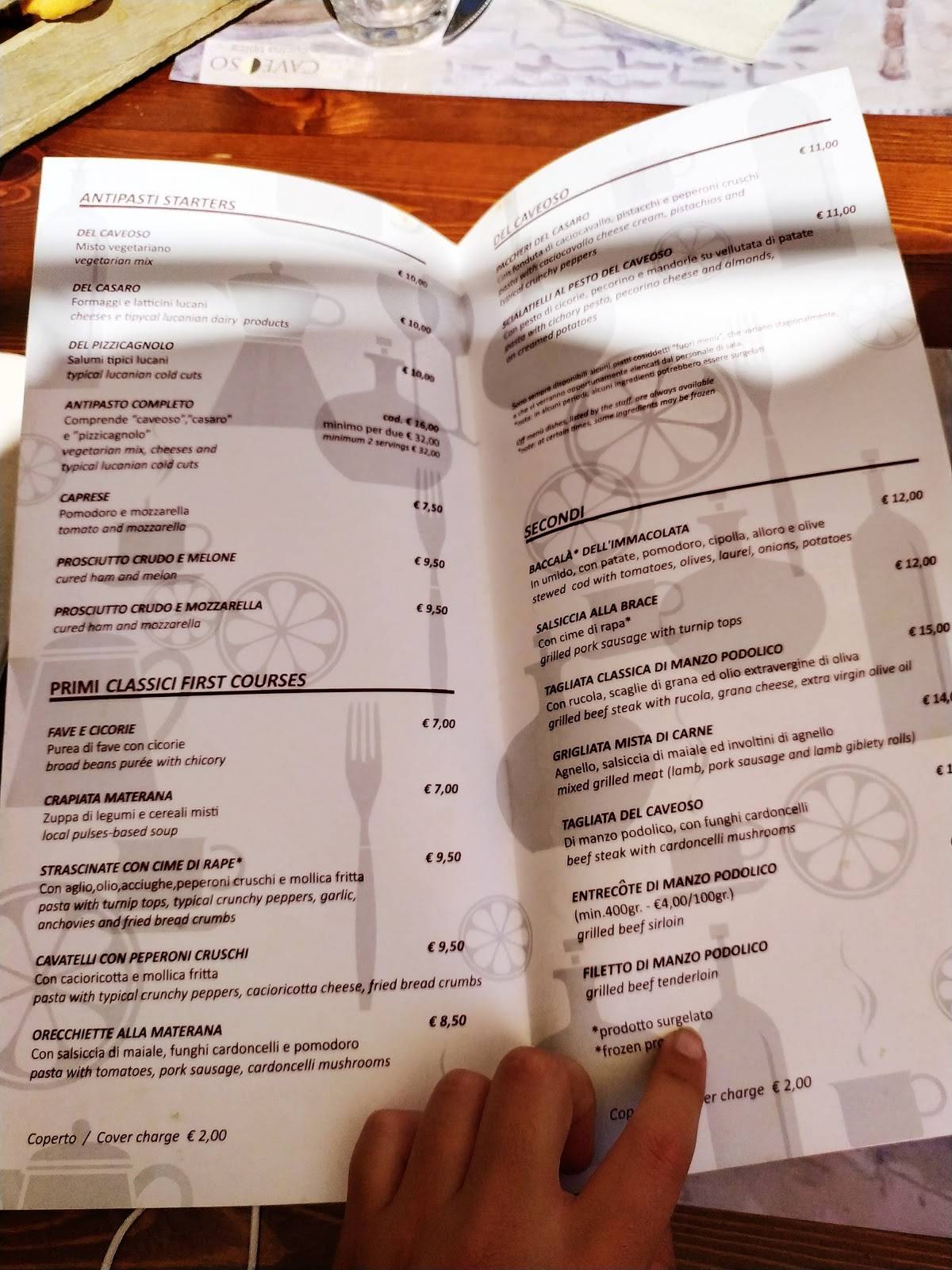 Menu da Trattoria del Caveoso ristorante, Matera