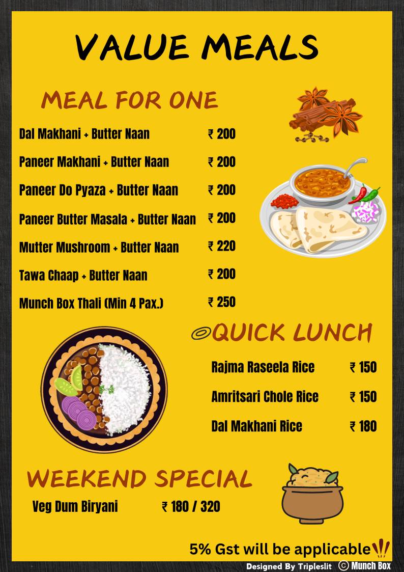 Menu at Munch Box, Mathura