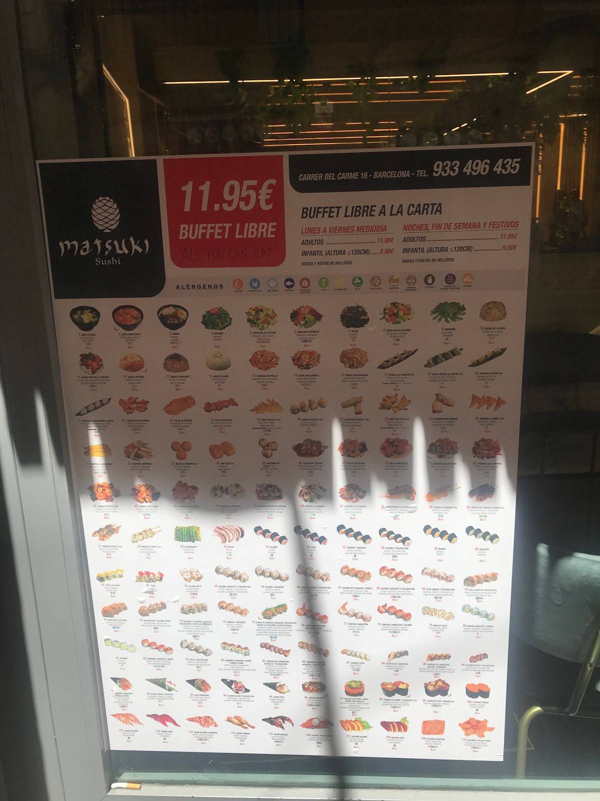 Carta del restaurante Matsuki Sushi, Barcelona