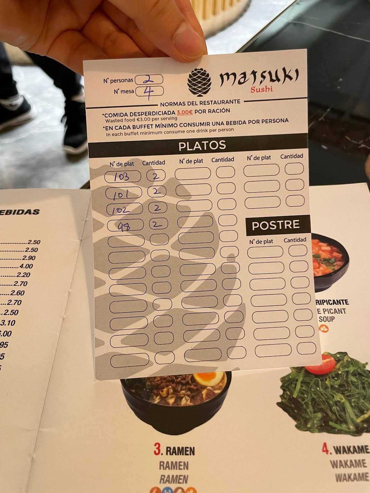 Carta del restaurante Matsuki Sushi, Barcelona